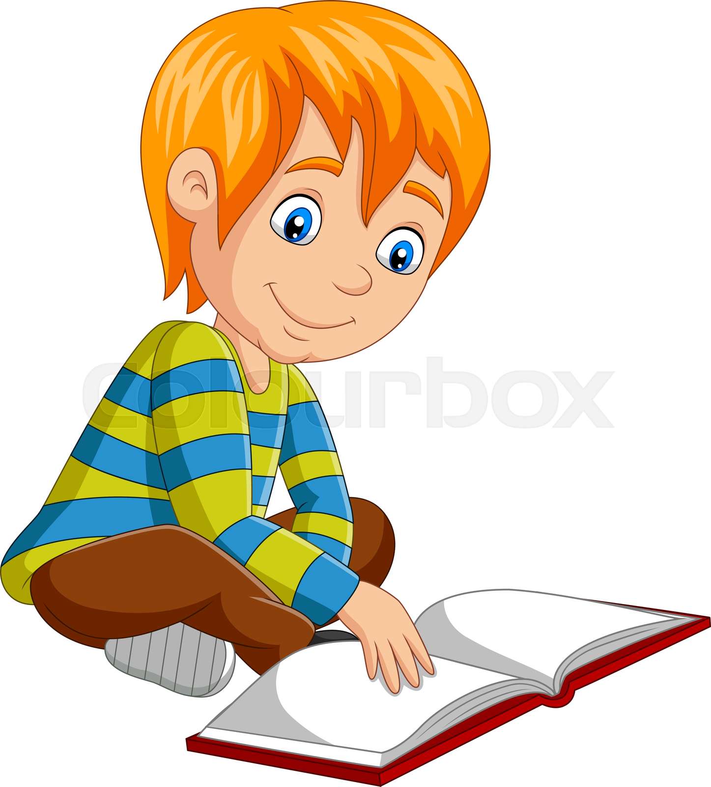 Cartoon little boy reading open book sitting on floor | Stock vector ...