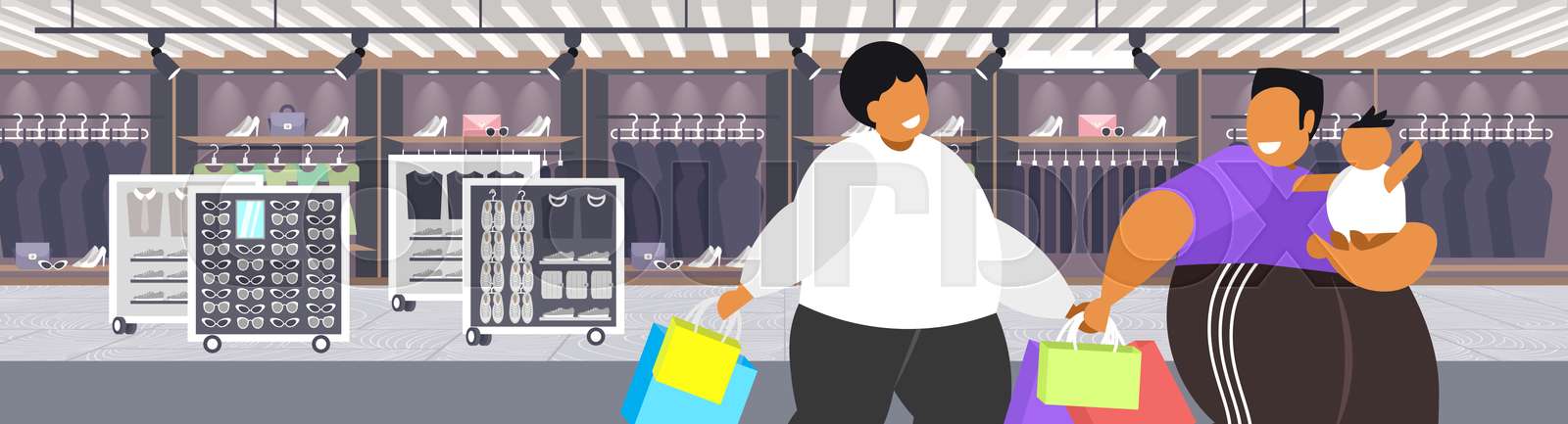fat obese men with child holding shopping bags overweight guys with ...