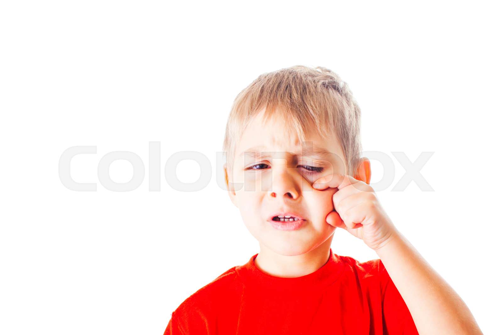 Facial Expression, crying boy is touches his eyes, isolated | Stock ...