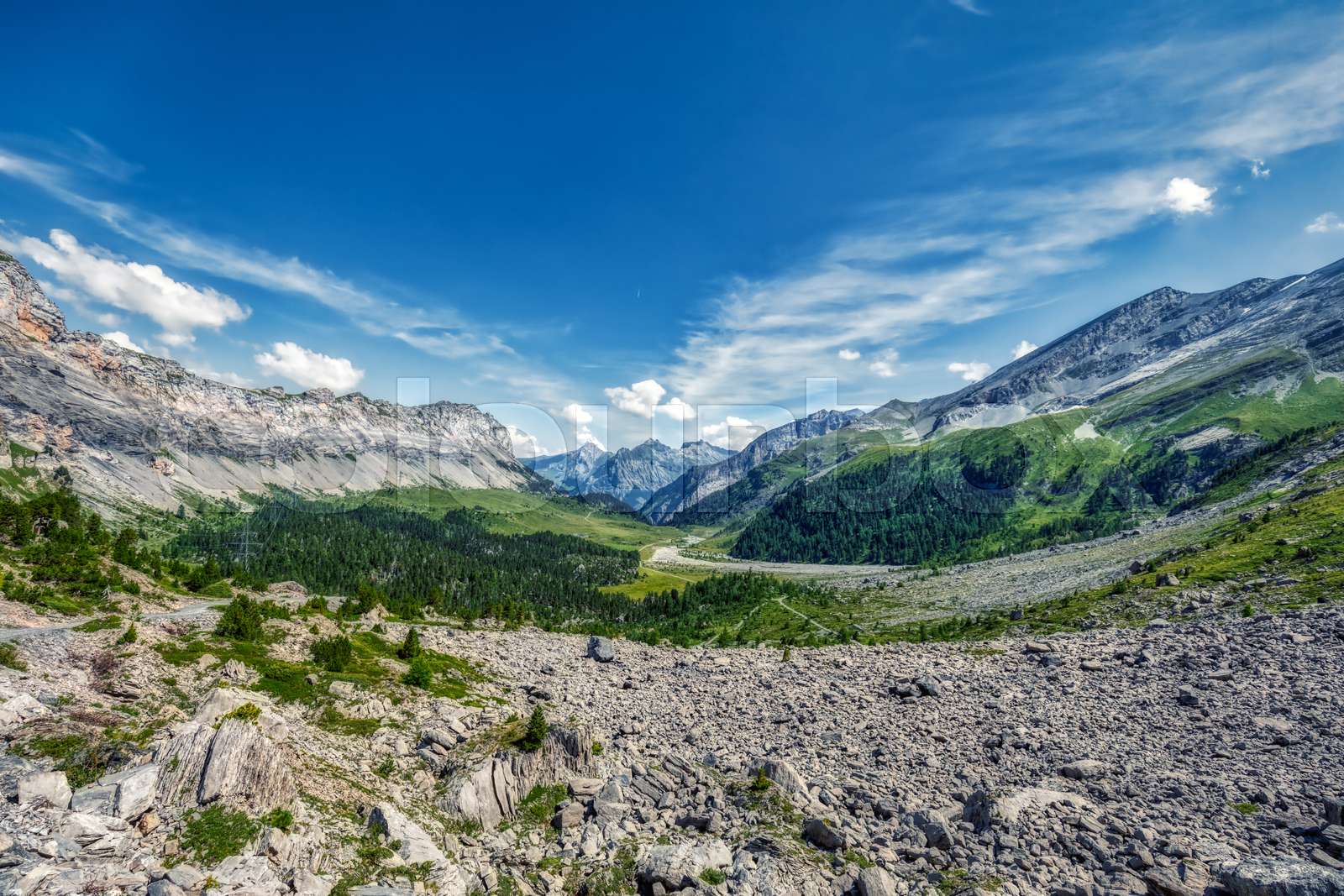 HDR panorama of classic Swiss hike over the Gemmi pass from Leukerbad ...