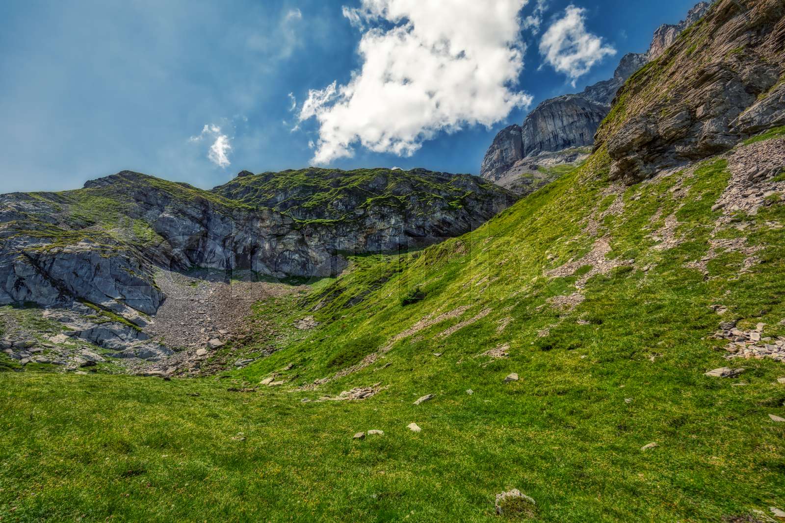 HDR panorama of classic Swiss hike over the Gemmi pass from Leukerbad ...
