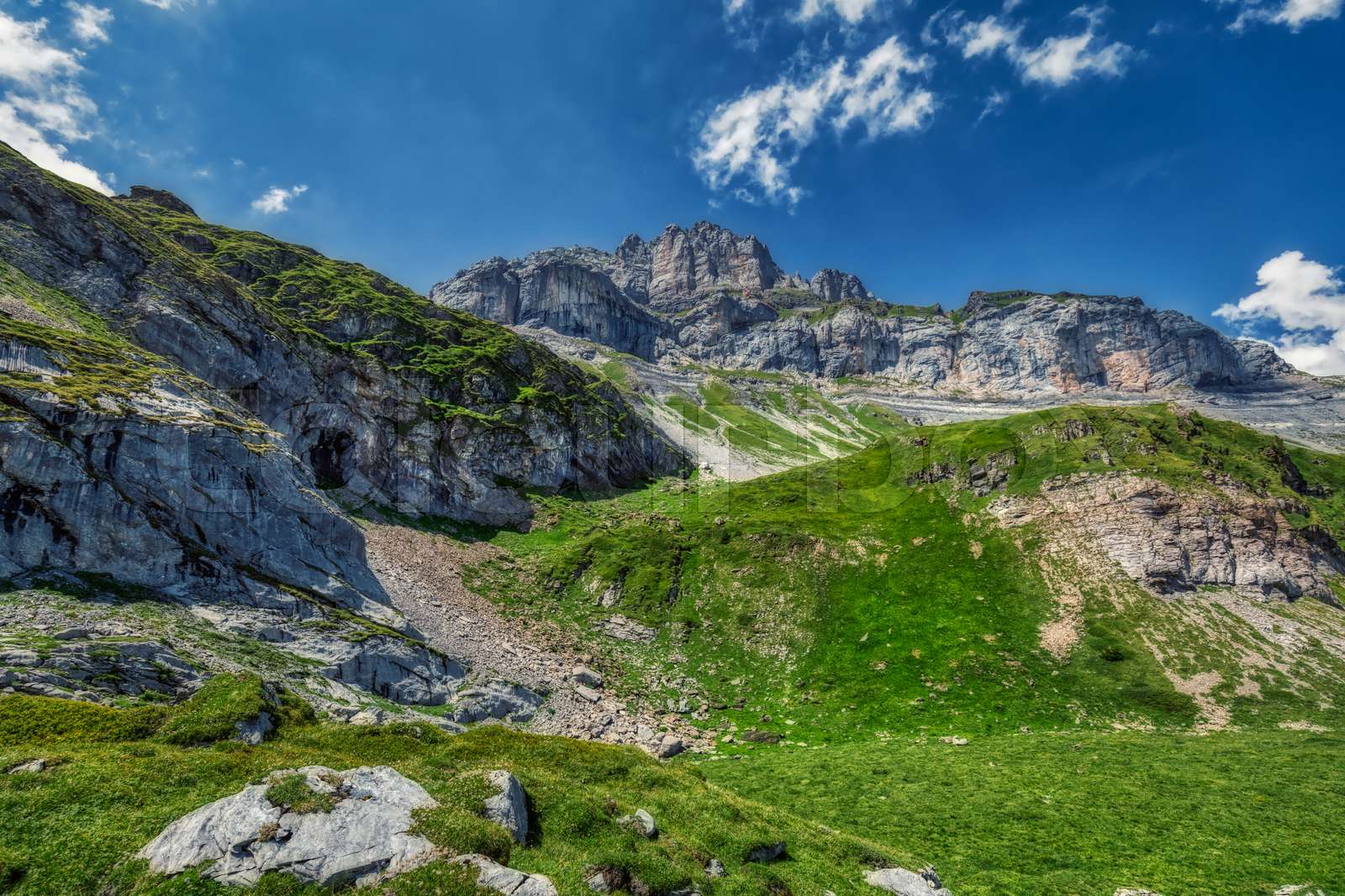 HDR panorama of classic Swiss hike over the Gemmi pass from Leukerbad ...