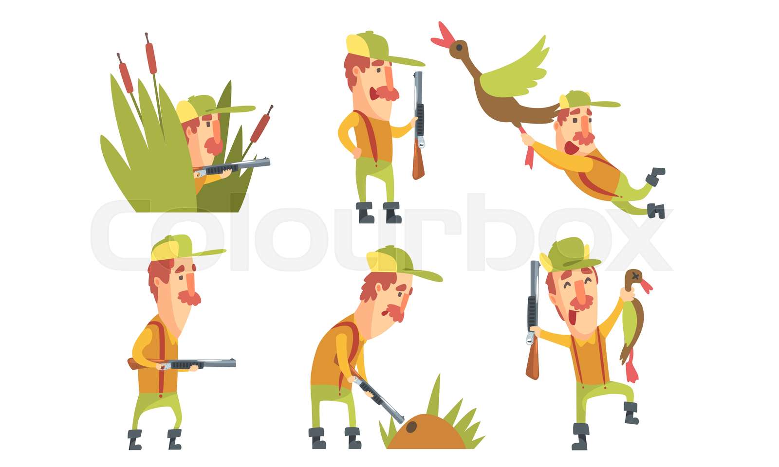 Collection of Funny Hunter Character with Gun in Different Situations ...