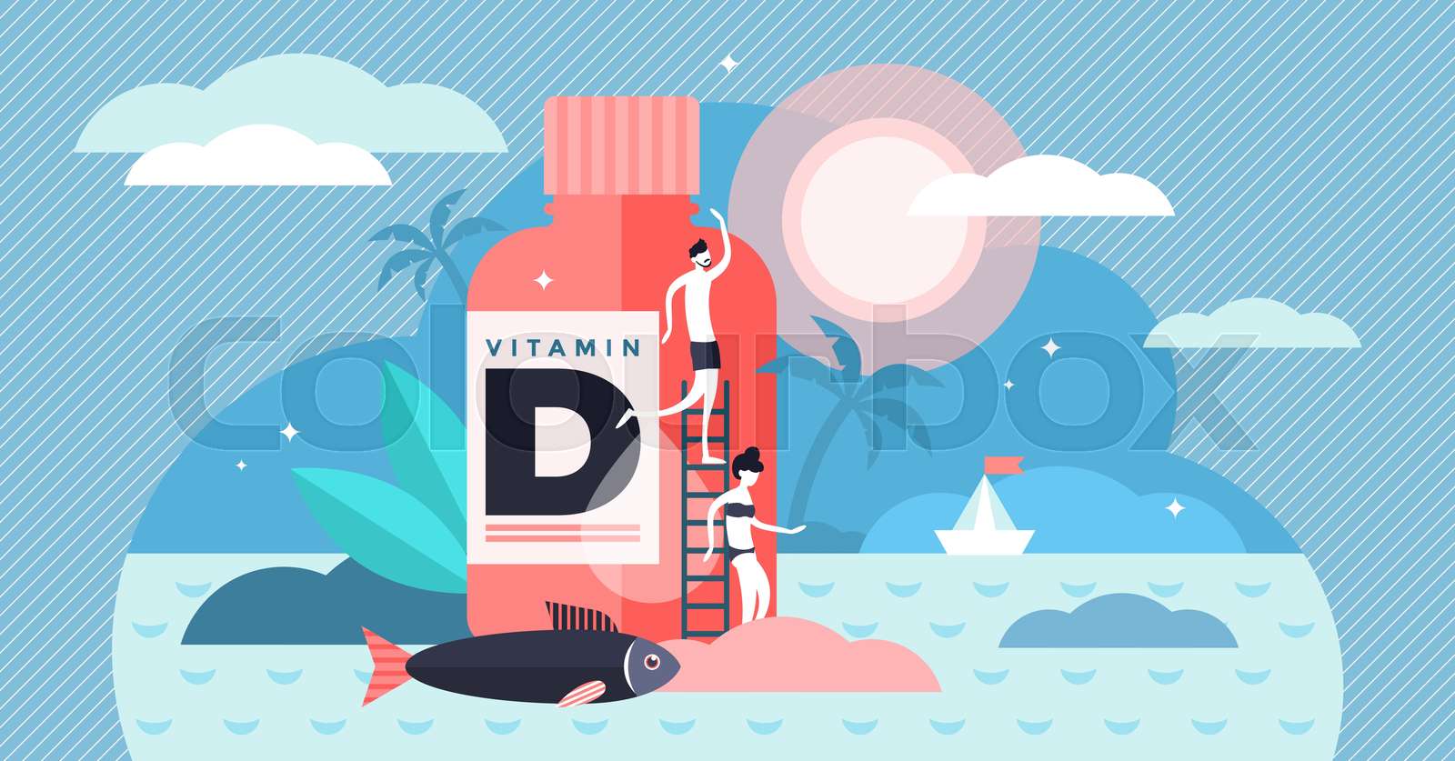 Vitamin D vector illustration. Flat tiny source collection persons ...