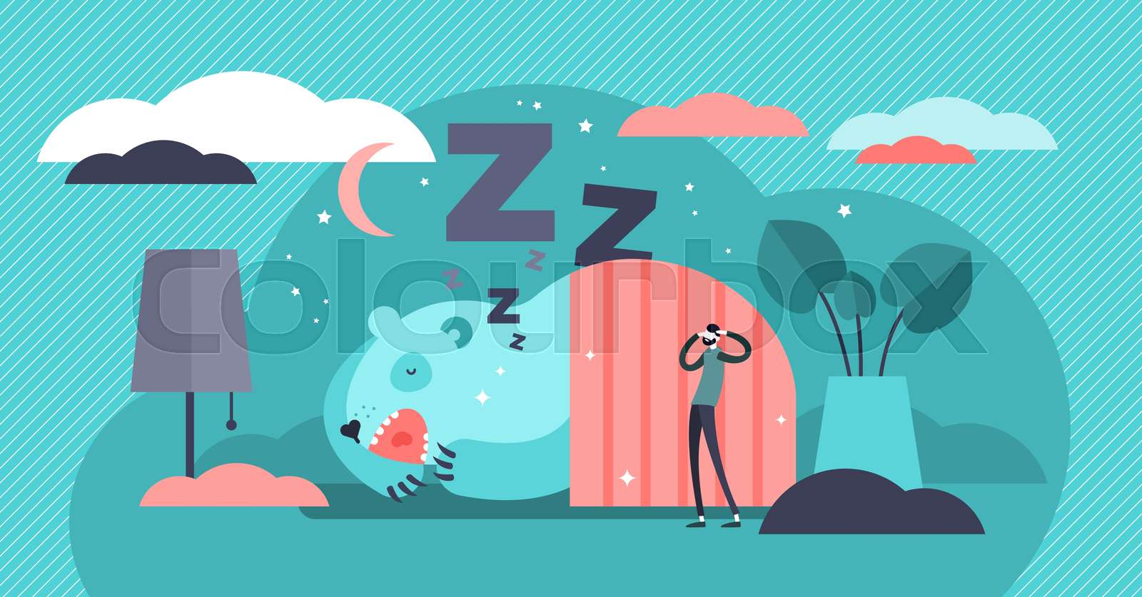 Snoring vector illustration. Flat tiny loud sleeping noise persons ...