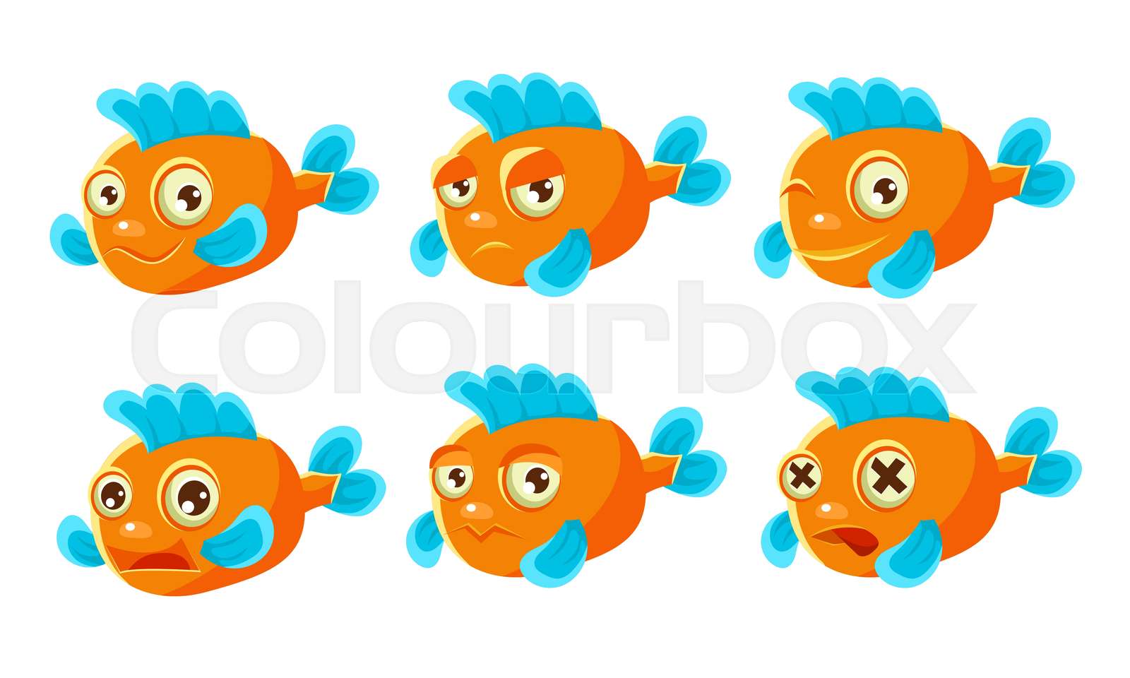 Orange Fish with Different Emotions Set, Cute Sea Creature Cartoon ...