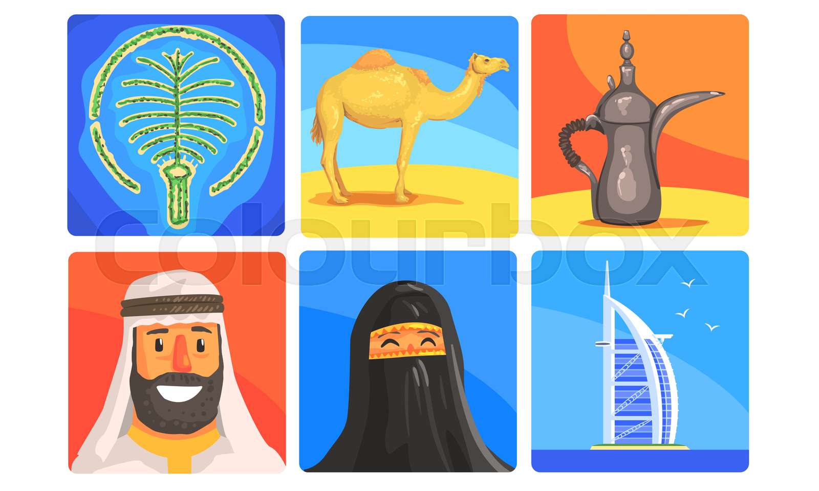 United Arab Emirates Symbols Set, People in Traditional Clothes ...