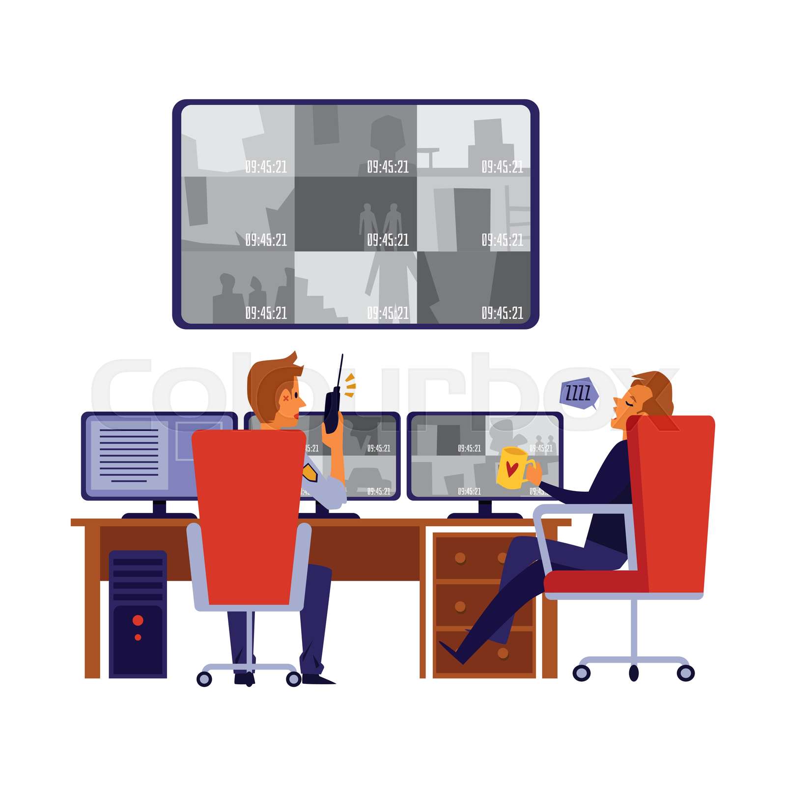 Security room with professional staff flat cartoon vector illustration ...