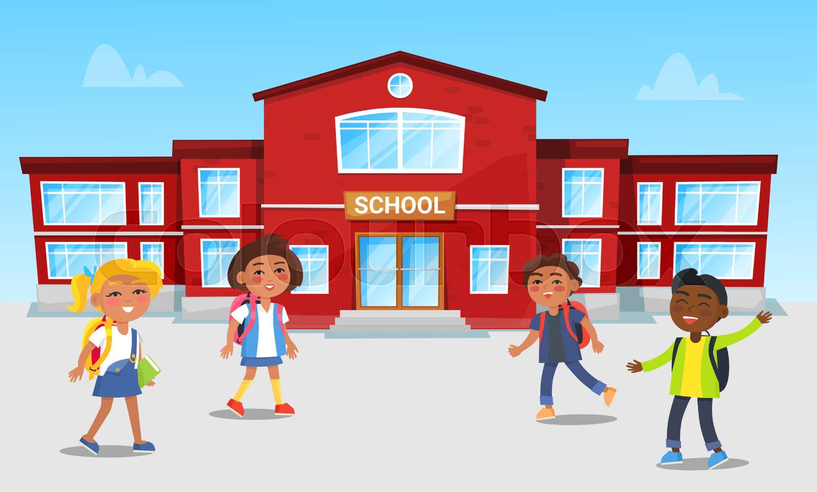 School Building and Kids Playing Games at Break | Stock vector | Colourbox