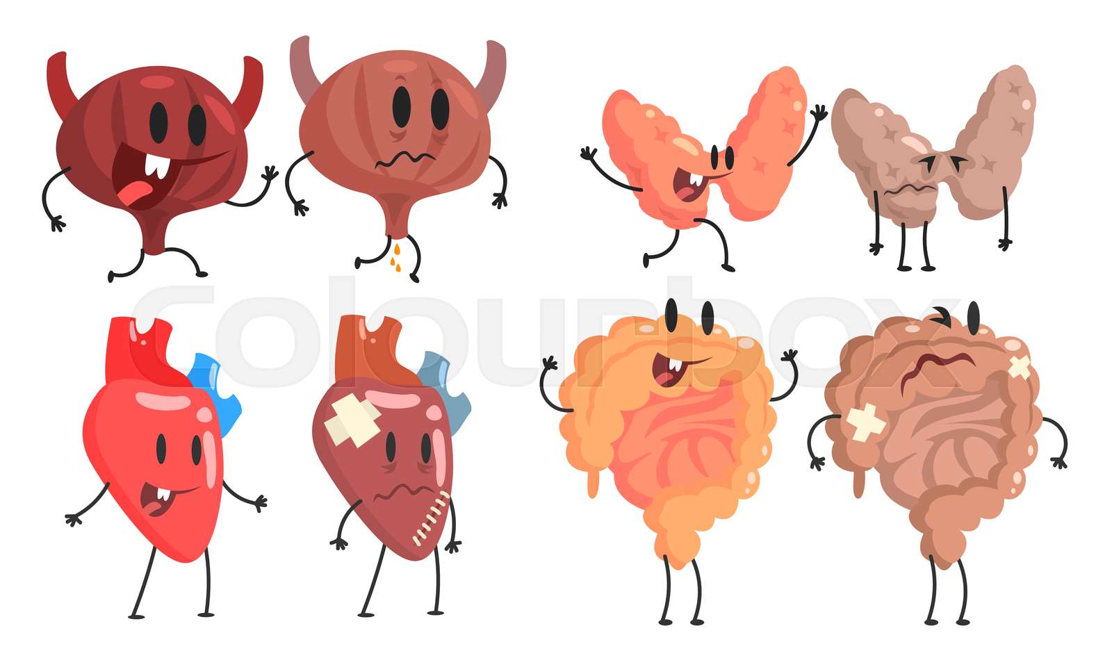 Healthy and Unhealthy Human Internal Organs Cartoon Character Set ...