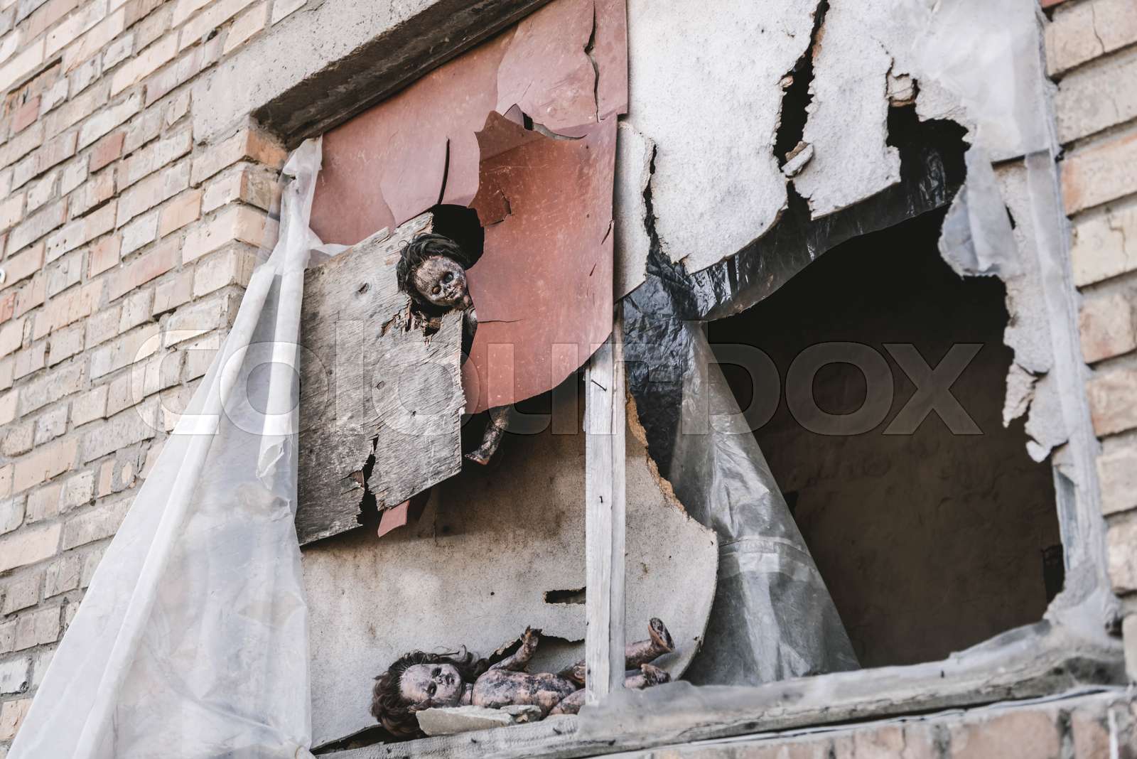 scary and burnt baby dolls near rusty and damaged windows, post ...
