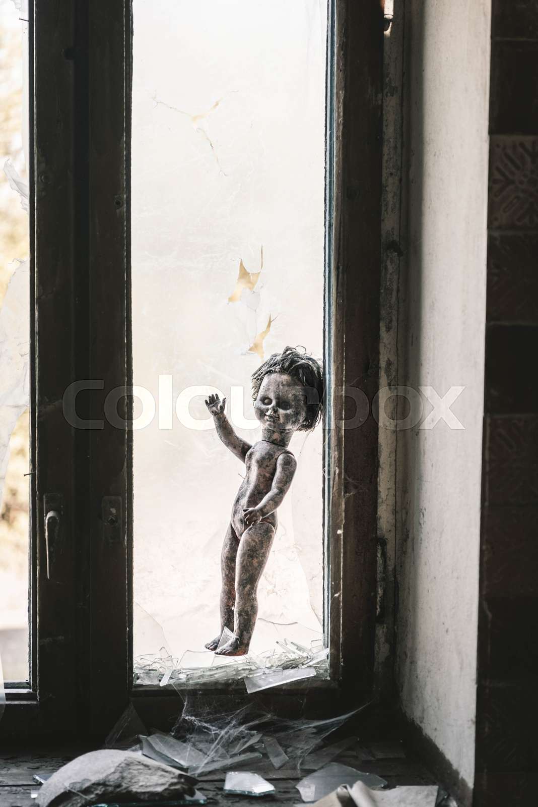 burnt baby doll near broken window and glass, post apocalyptic concept ...