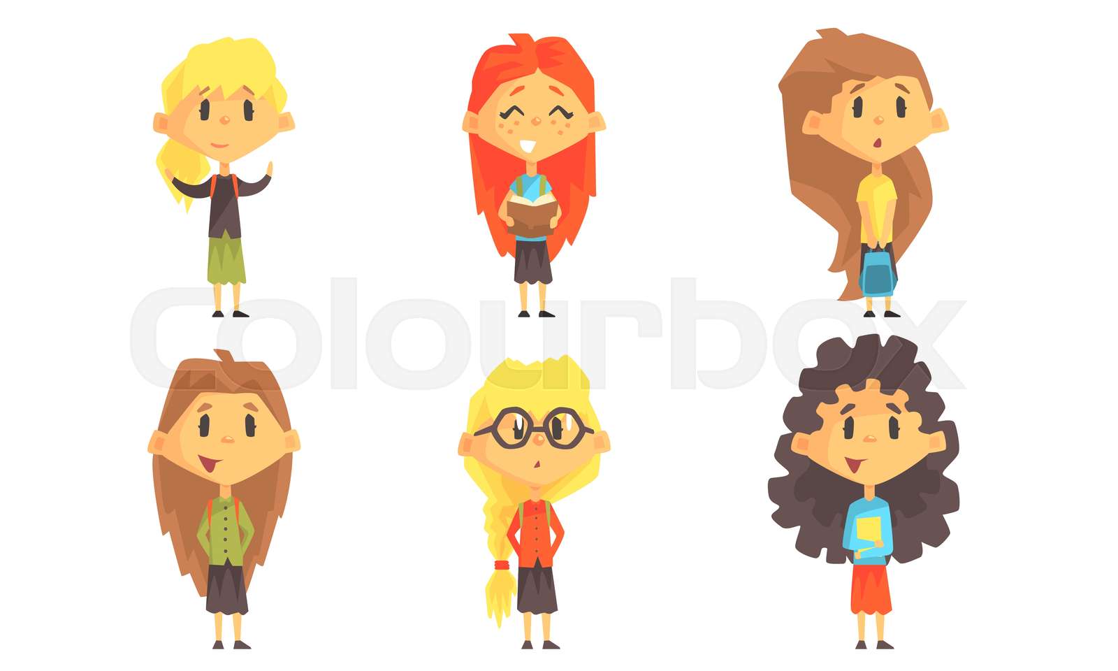 Funny School Girls Cartoon Characters with Various Emotions Set Vector ...