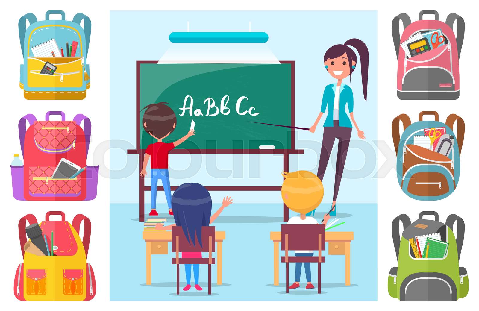 Children learning letters at school lesson with teacher | Stock vector ...