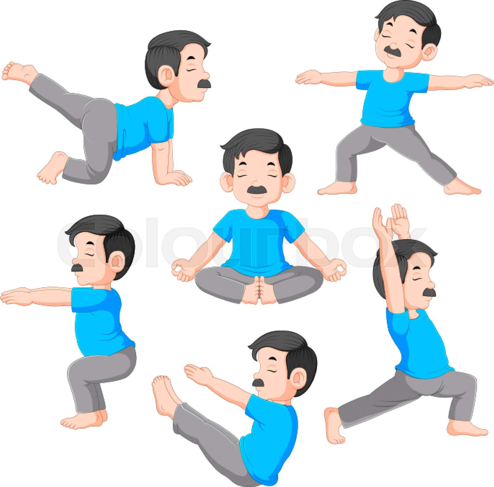 Cartoon man in various poses of yoga | Stock vector | Colourbox