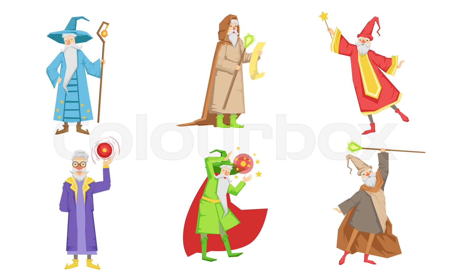 Old Fairytale Wizard Characters Set, Male Magician or Warlock in Hat ...