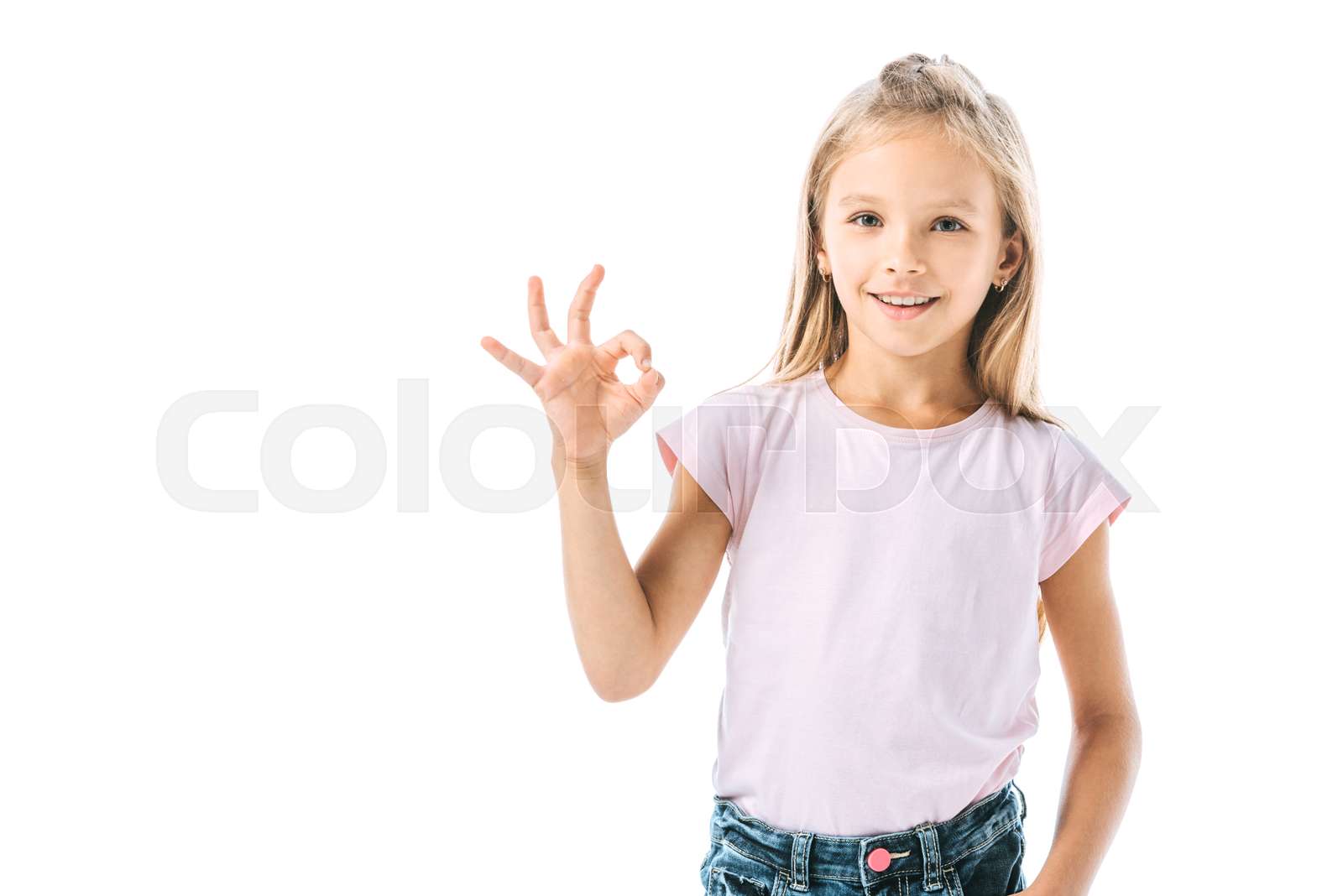cheerful kid showing ok sign and smiling isolated on white | Stock ...