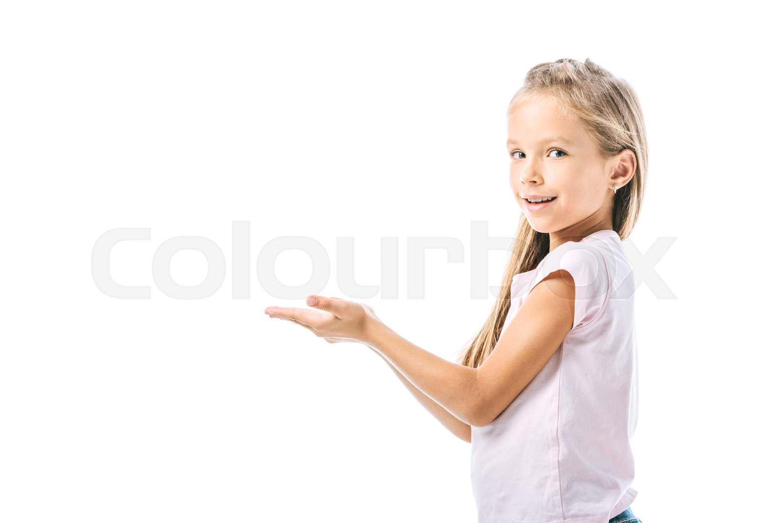 positive and cute kid pointing with hands isolated on white | Stock ...