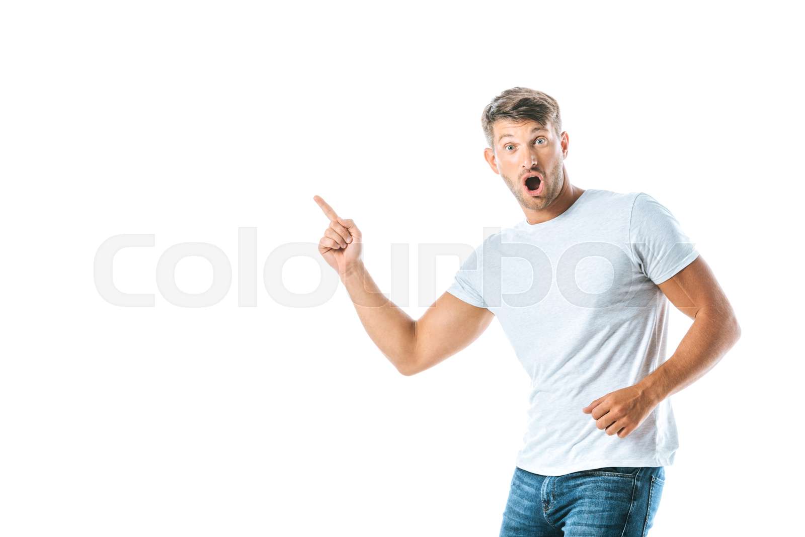 shocked man pointing with finger isolated on white | Stock image ...