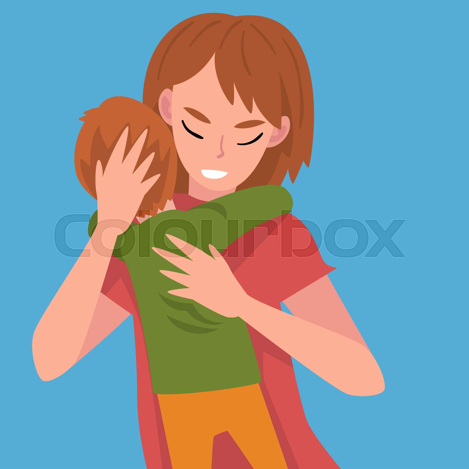 Mom hugs son and rests his head on her hand cartoon vector illustration ...