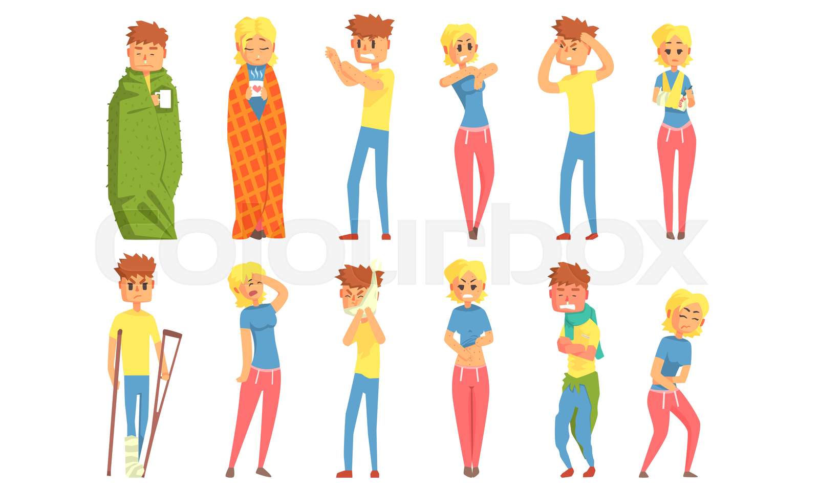 Sick People Set, Unhealthy Men and Women Characters Suffering from ...