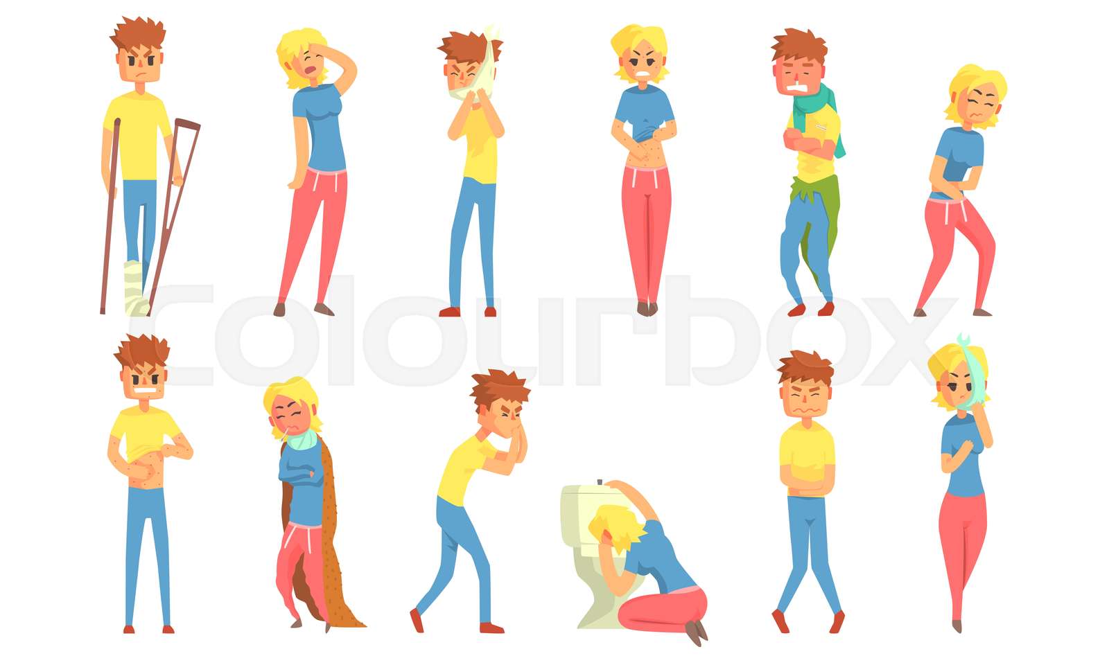 Sick People Set, Men and Women Characters Suffering from Different ...