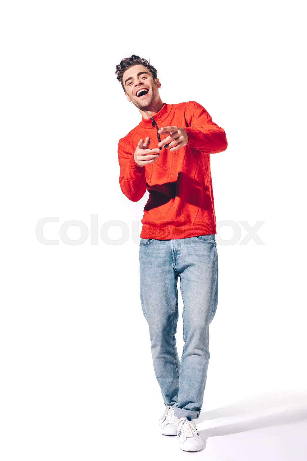 handsome man laughing and pointing at you, isolated on white | Stock ...
