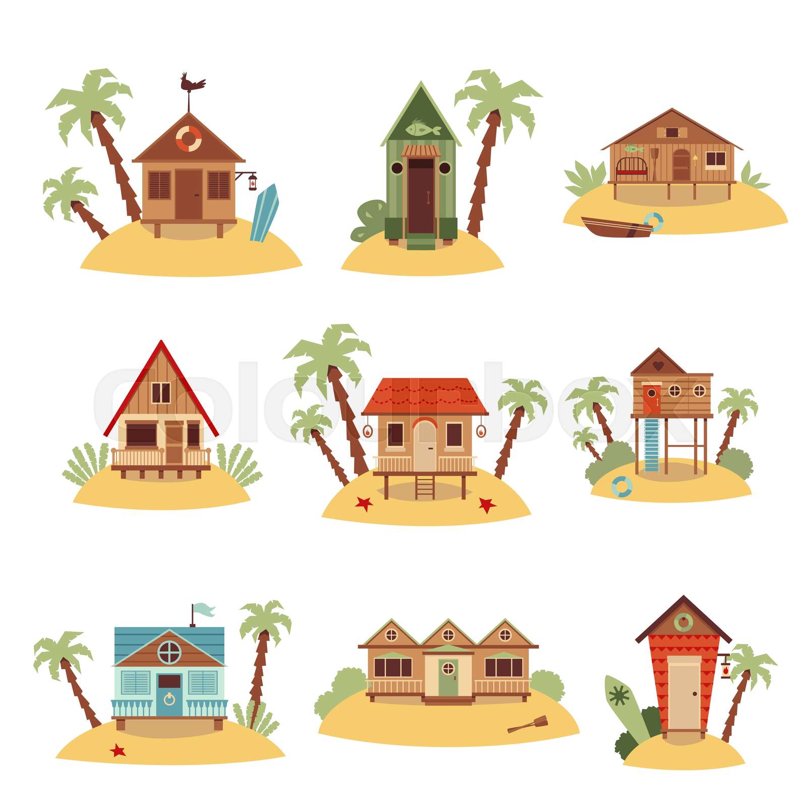 Set of different beach houses with palms cartoon vector illustration ...