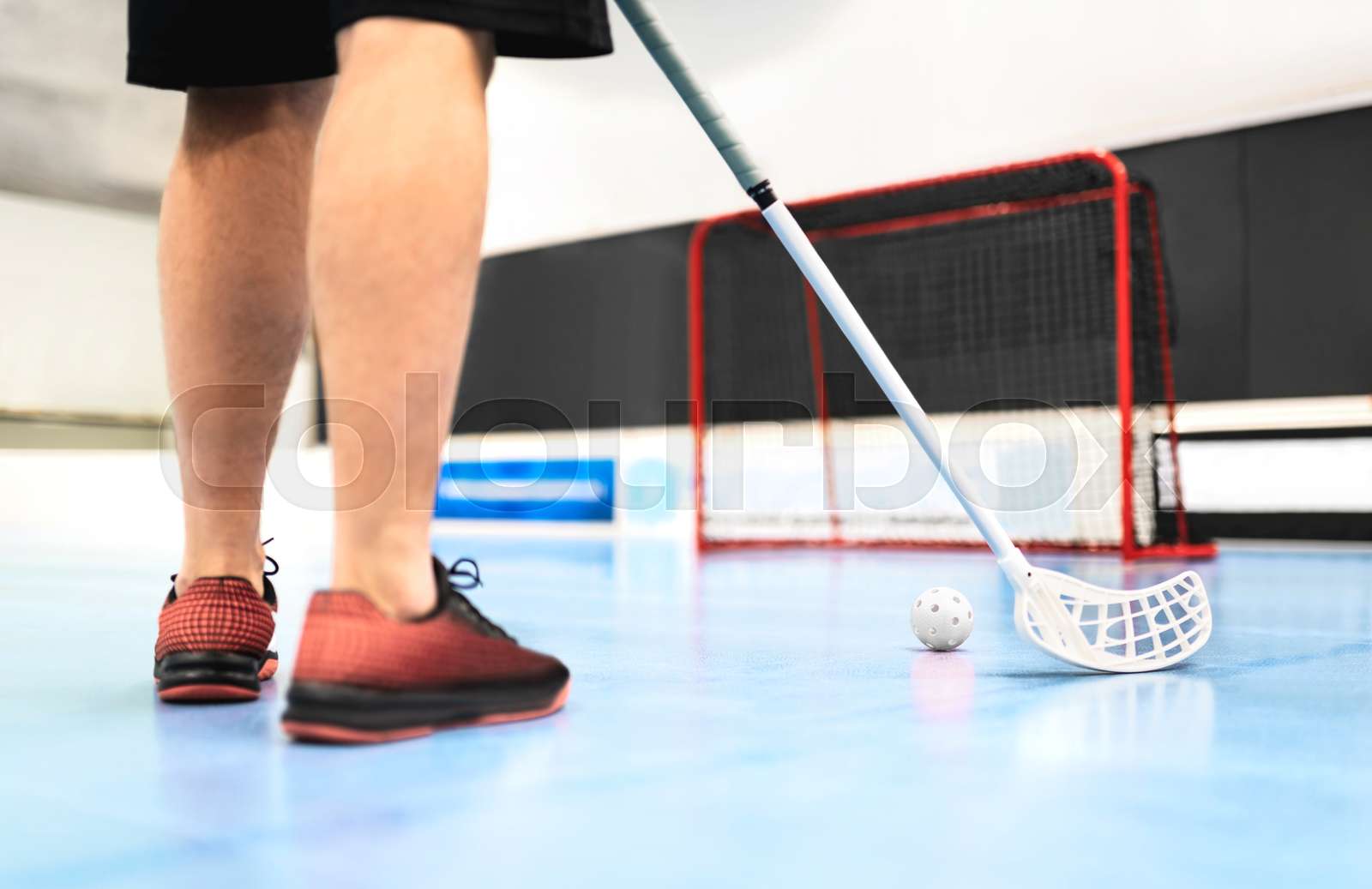 Back view of floorball player training with stick, ball and goal on ...