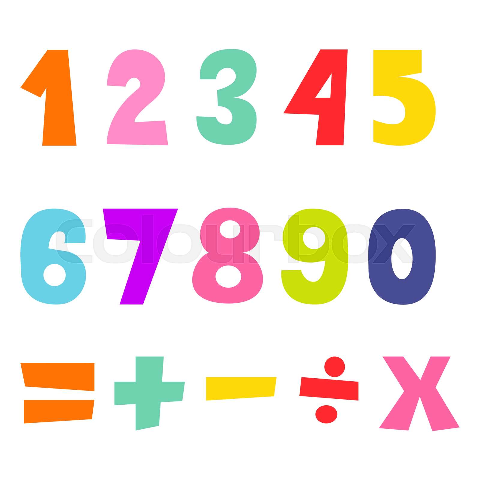 Cartoon flat kids number figures. Math signs vector for child play ...