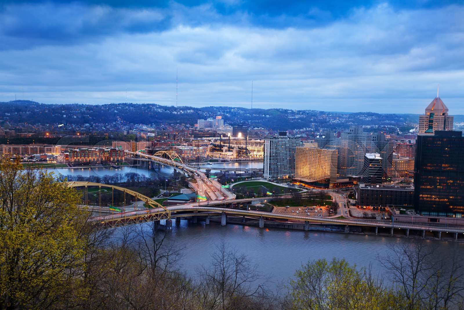 Fort Duquesne Bridge, Point state park at night | Stock image | Colourbox