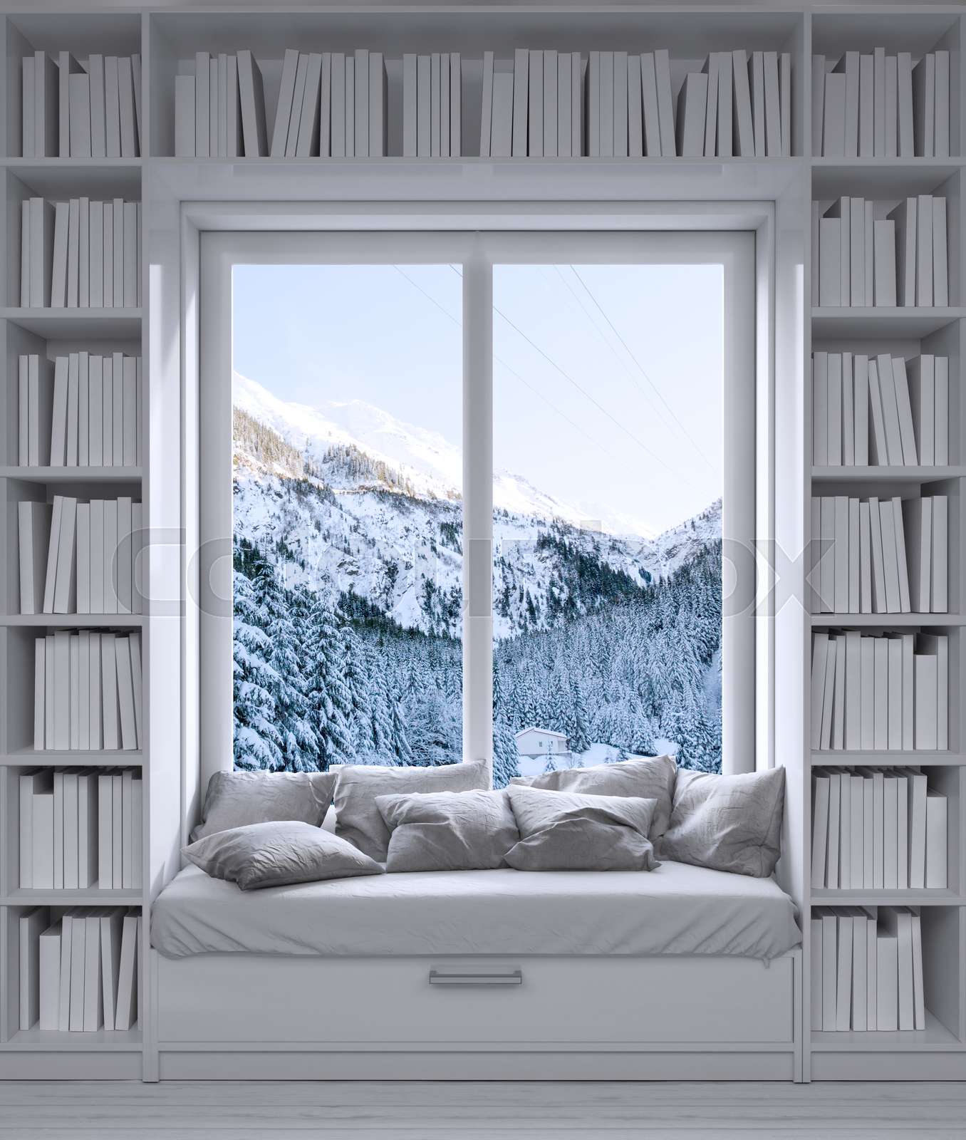 Reading place with bookshelves,white books, wooden floor | Stock image ...