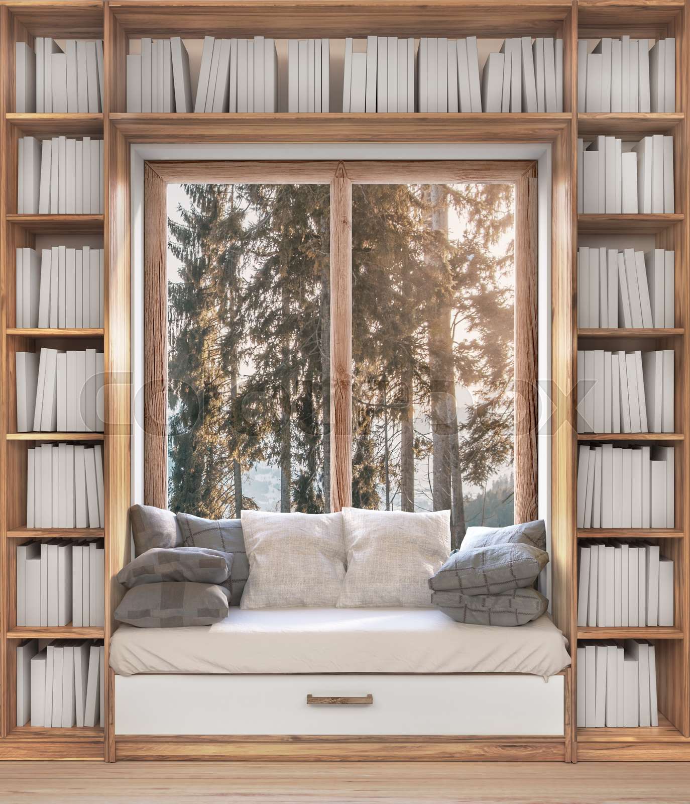 Reading place with bookshelves,white books, wooden floor | Stock image ...