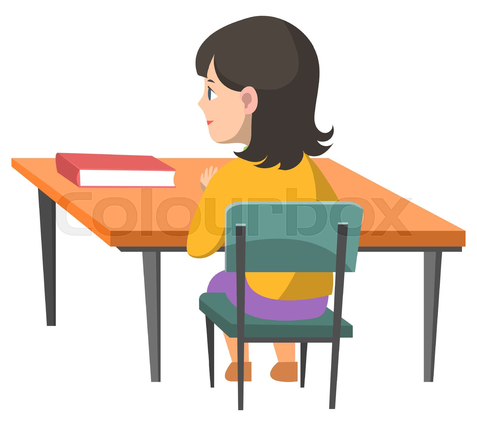 Schoolgirl Sitting by Table with Book Textbook | Stock vector | Colourbox
