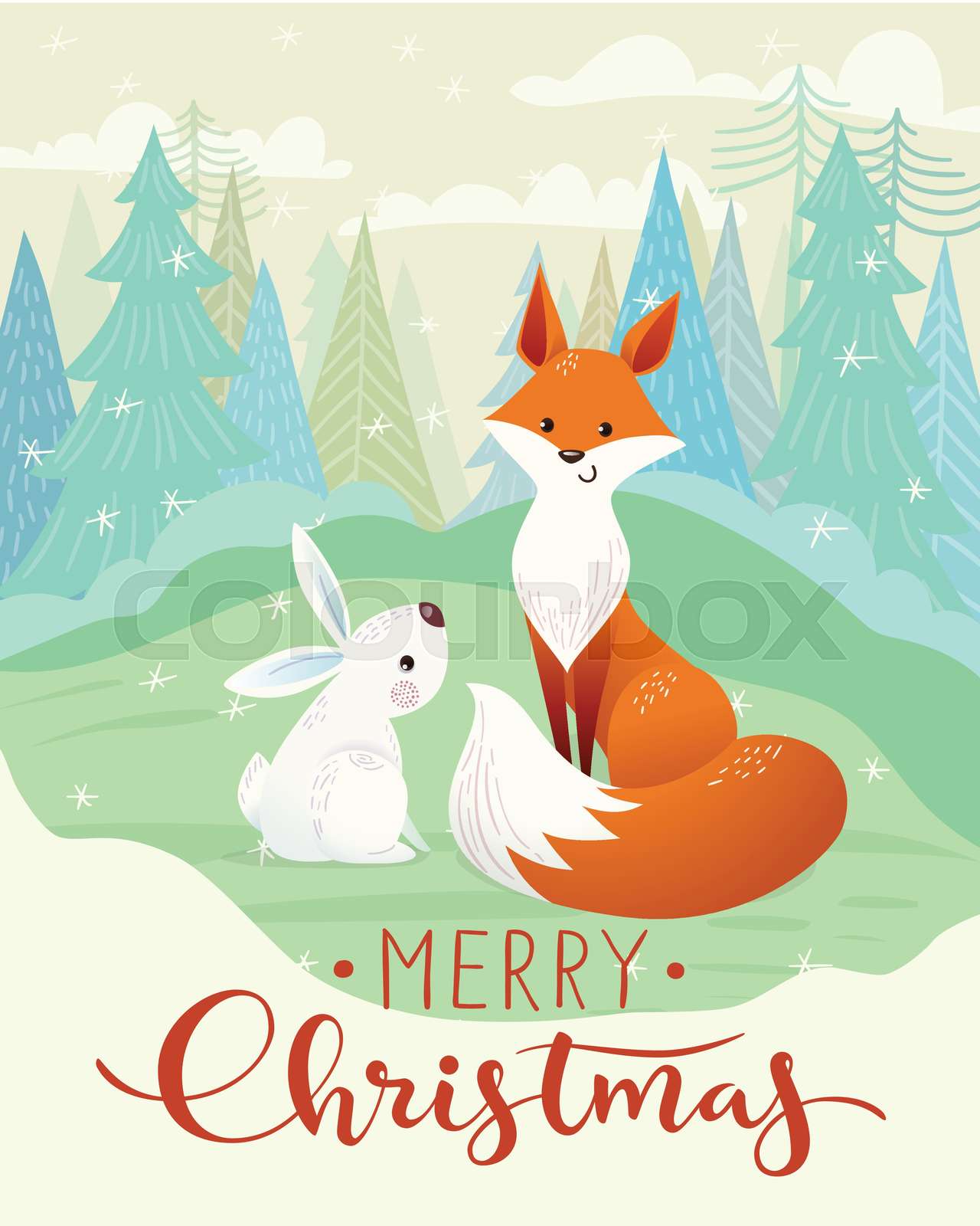 Merry Christmas card with fox and rabbit. | Stock vector | Colourbox