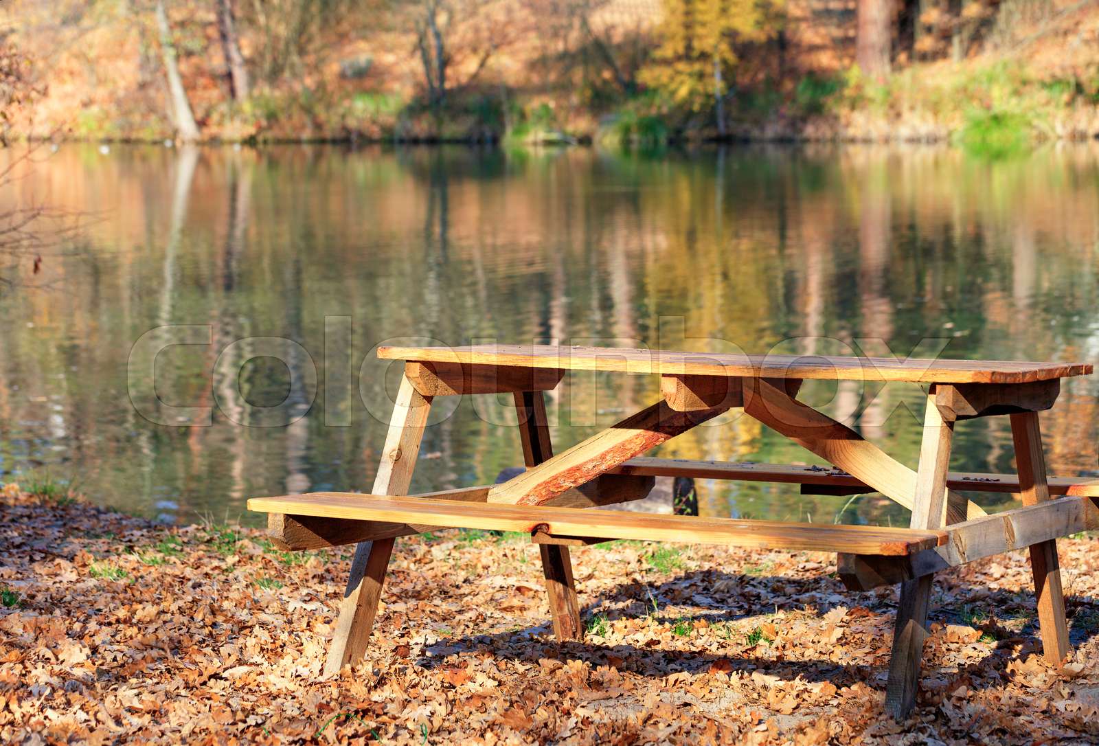 Wooden table with picnic benches in the open air on the background of ...