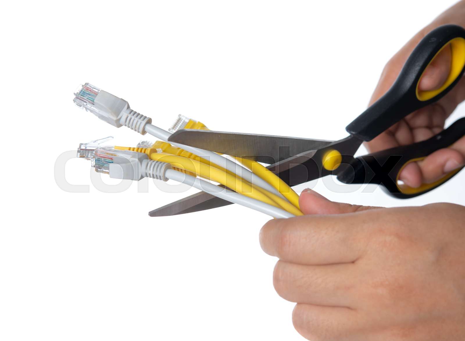 Scissors cutting the network cable on white backgrund | Stock image ...