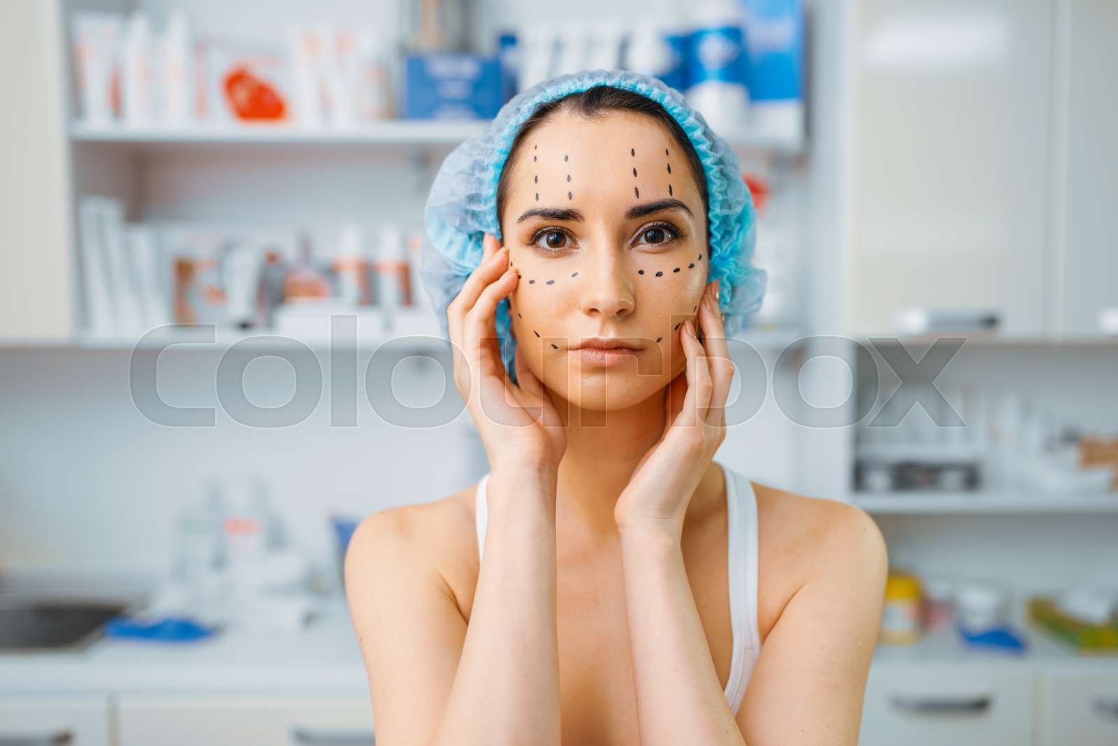 Patient with markers on face, preparation to botox | Stock image ...