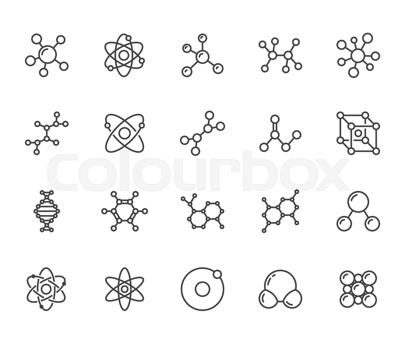 Molecule flat line icons set. Chemistry science, molecular structure ...