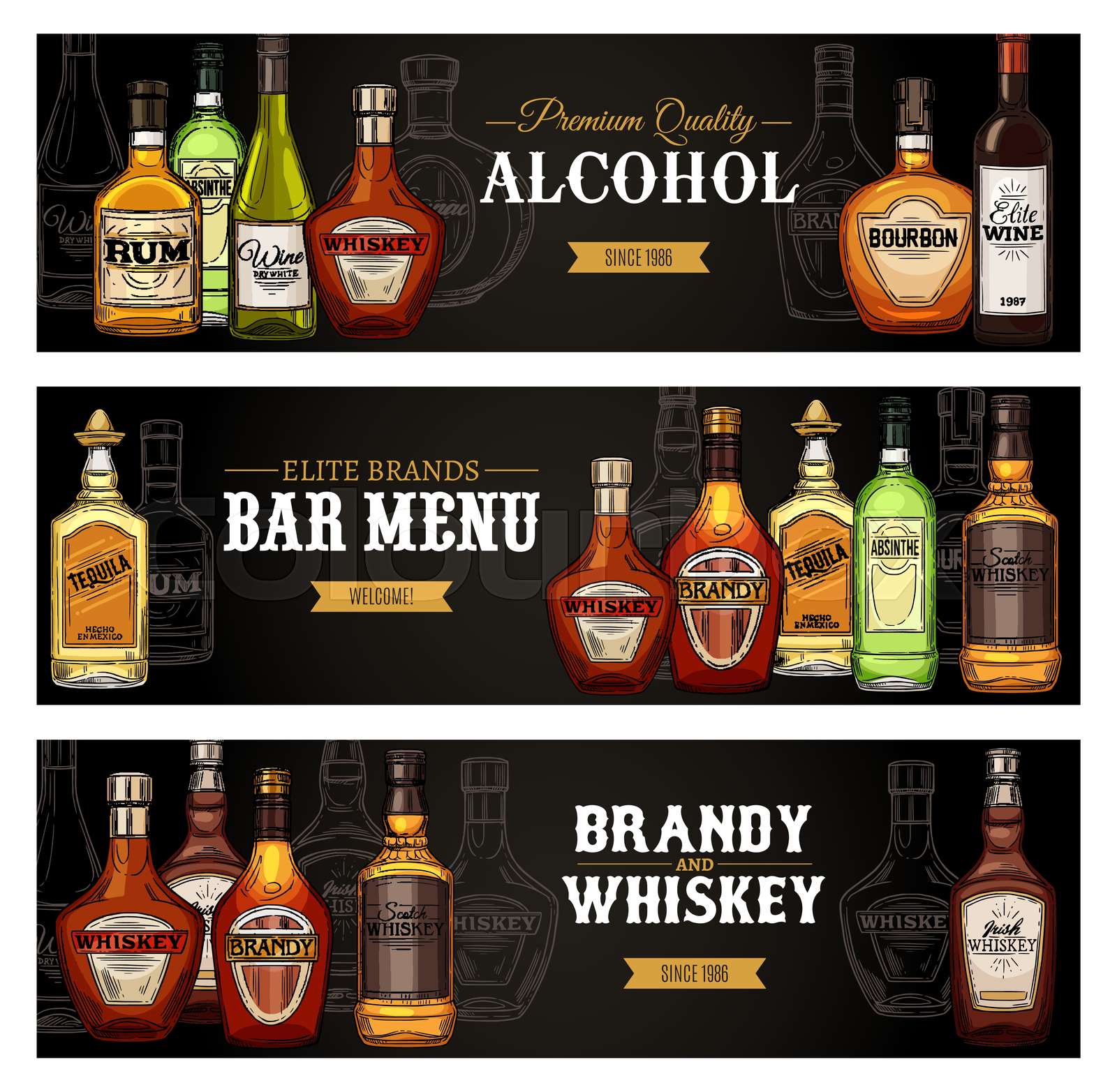 Alcohol drinks bottles, bar menu banners | Stock vector | Colourbox