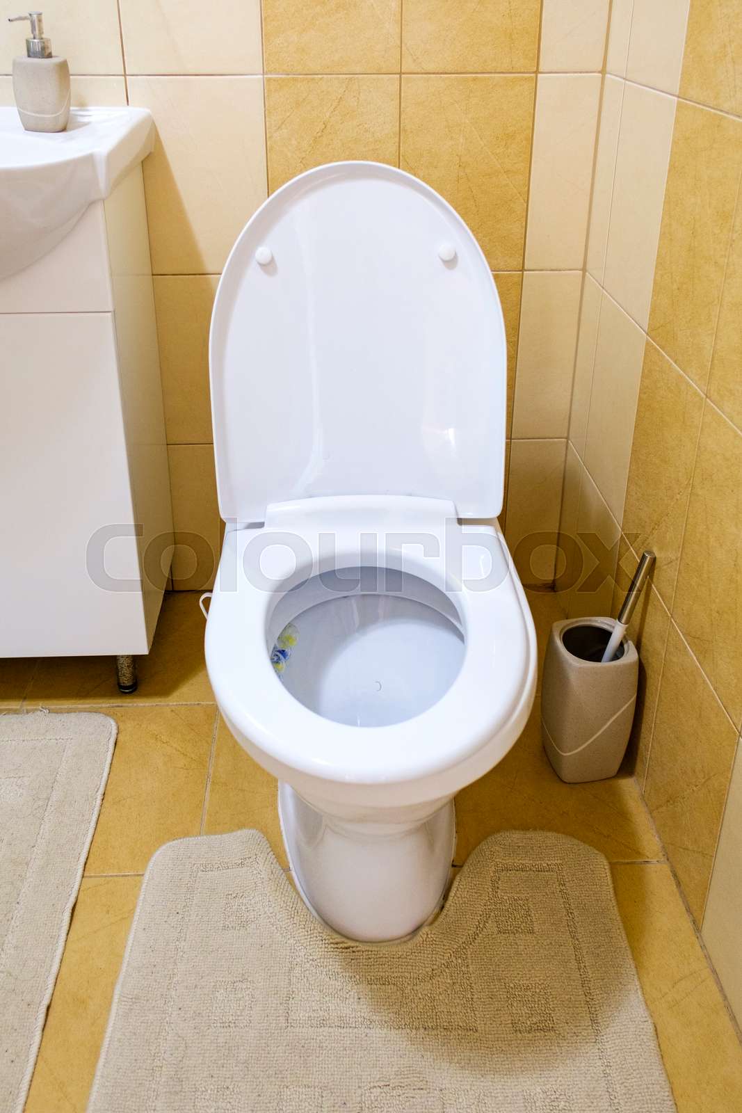 Open Toilet In A Neutral Coloured Tiled Bathroom Stock Image Colourbox