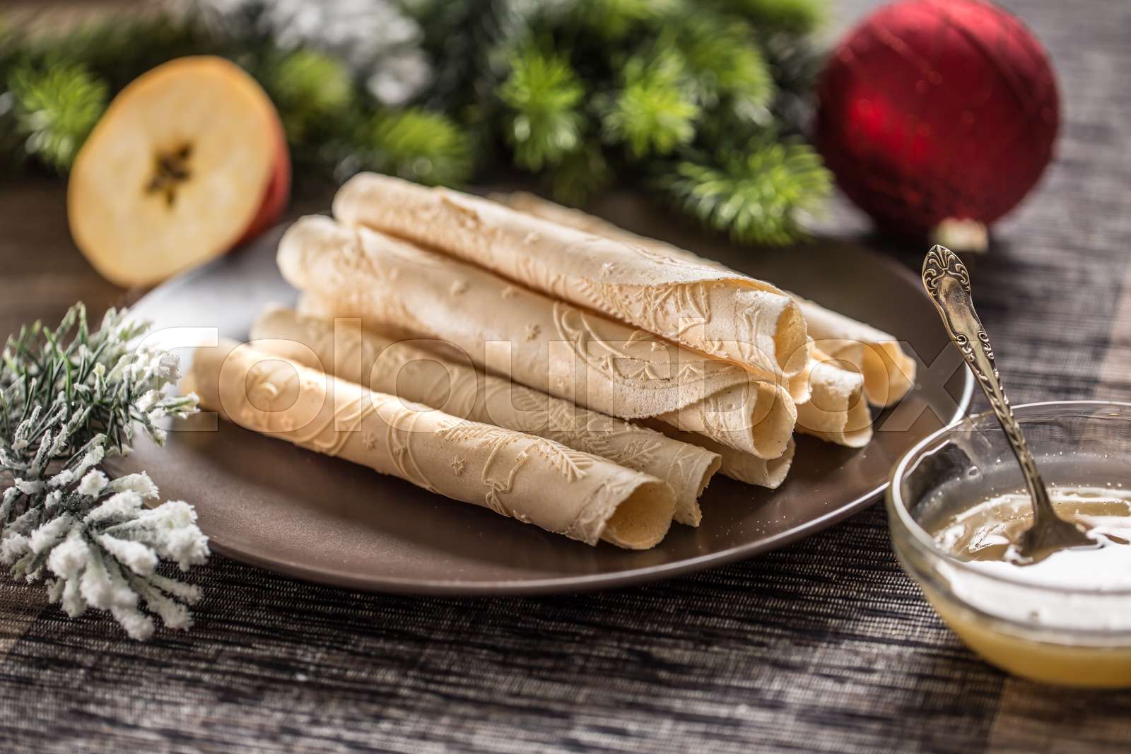 Wafers rolled with honey. Traditional slovak and czech christmas pastry ...