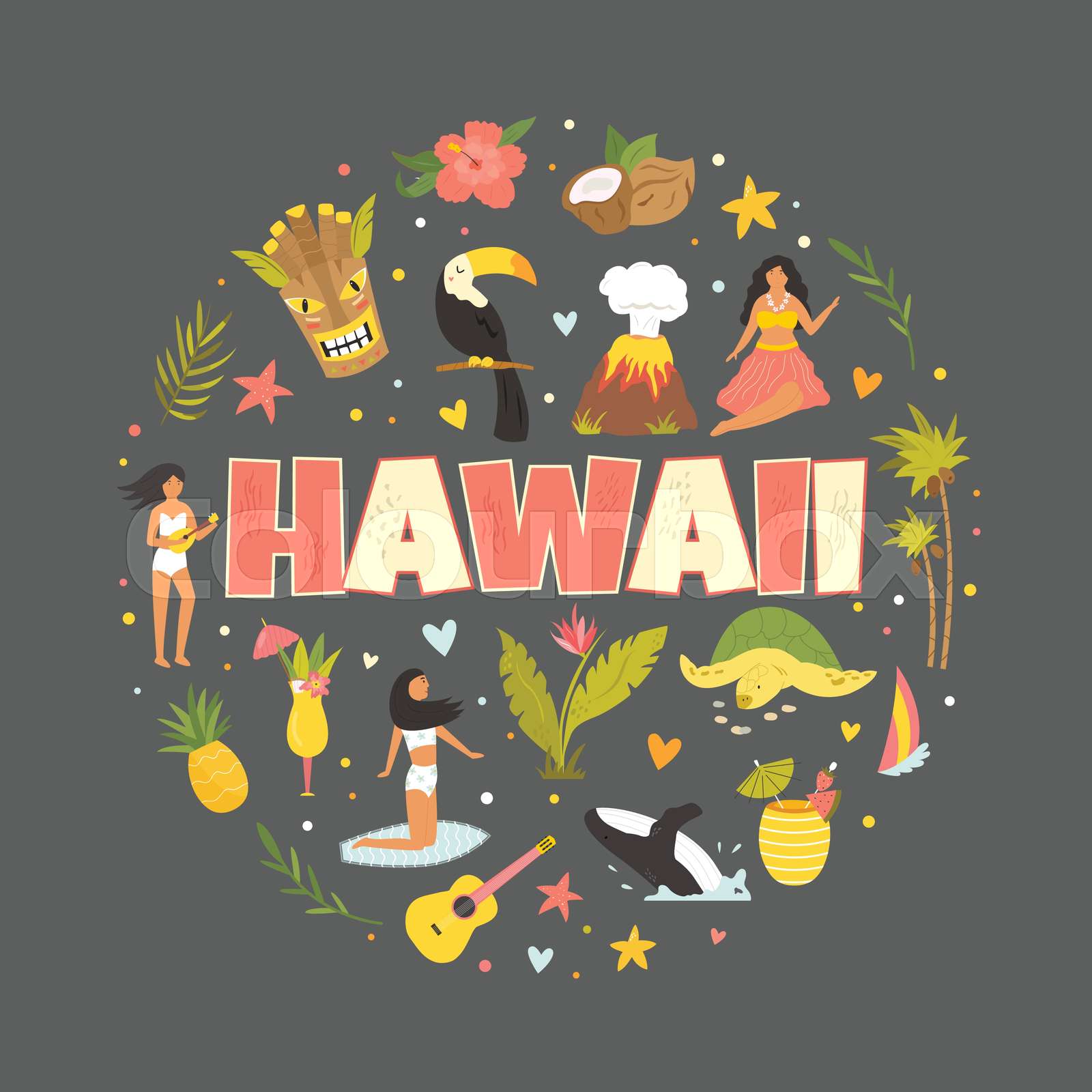 Hawaii emblem, print with symbols, landmarks icons | Stock vector ...
