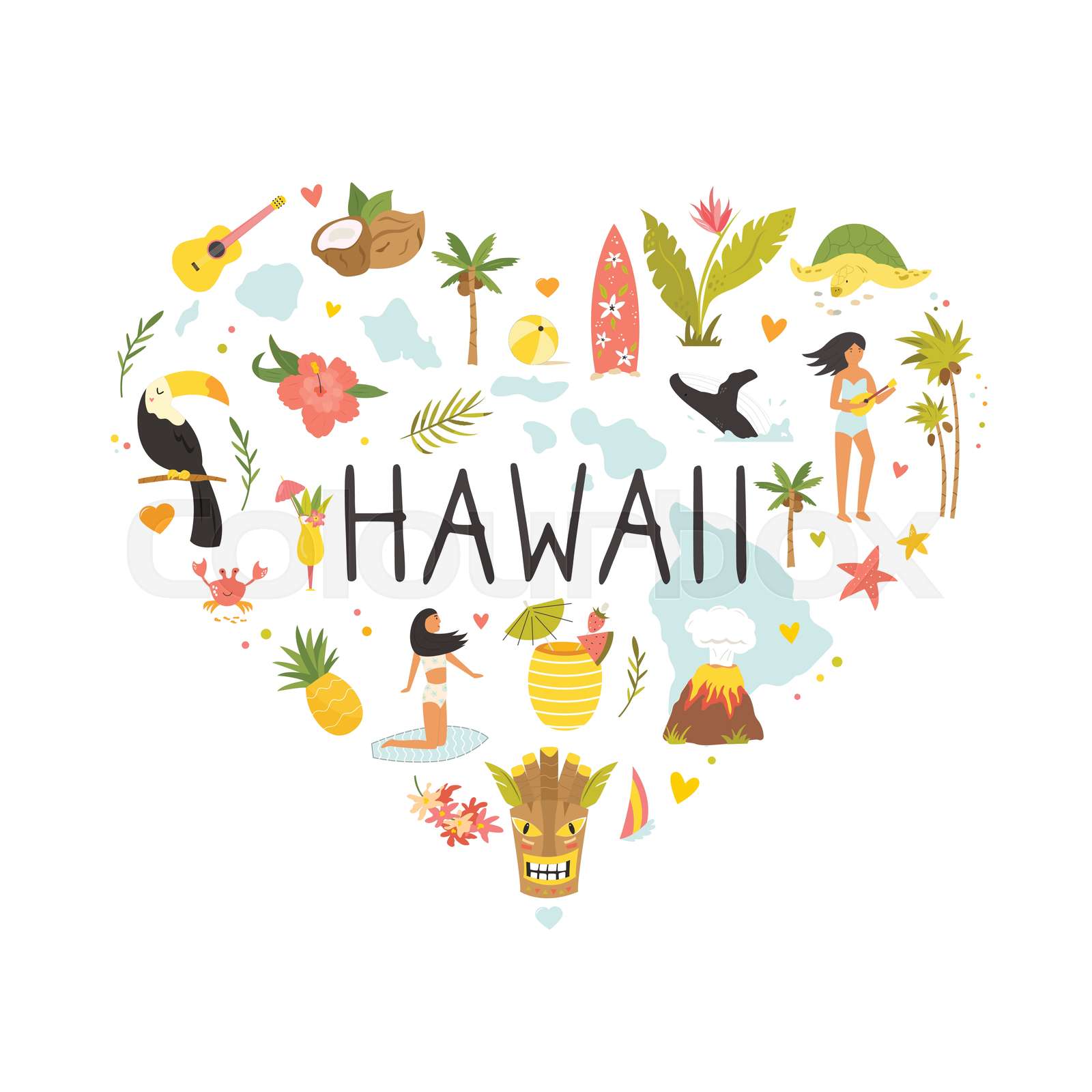 Hawaii emblem, print with symbols, landmarks icons | Stock vector ...
