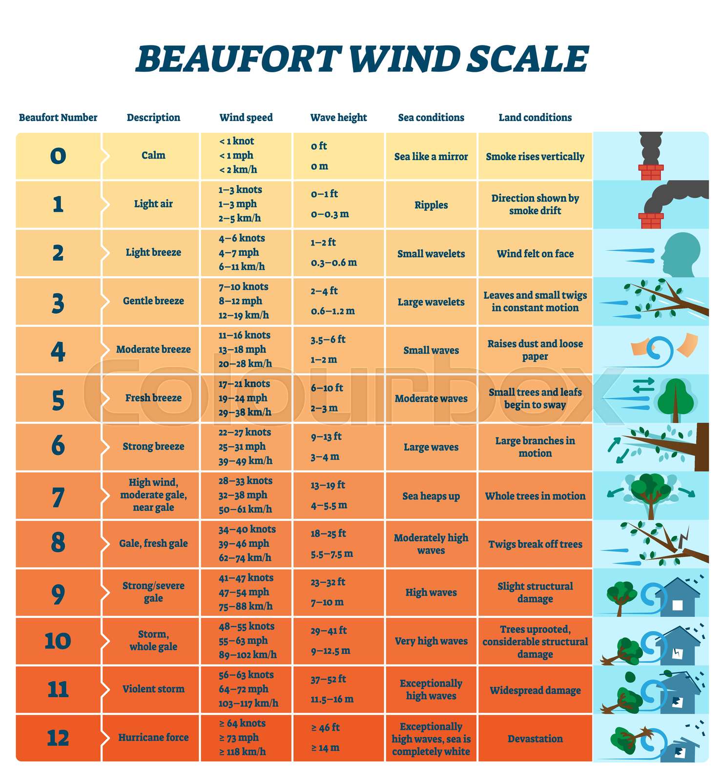 Beaufort wind scale vector illustration. Labeled air energy strength ...