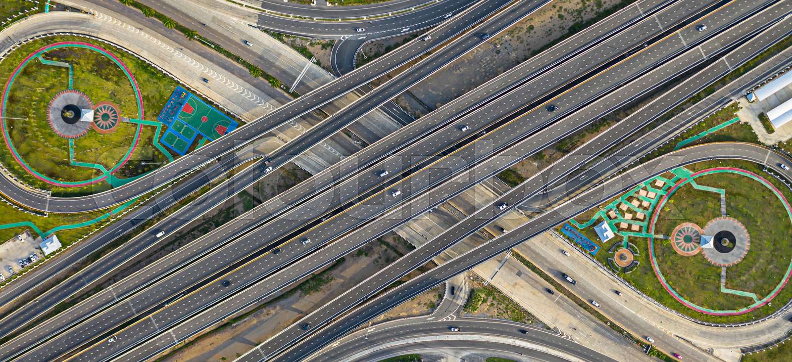 Aerial top view of highway, Transport city junction road with car on ...