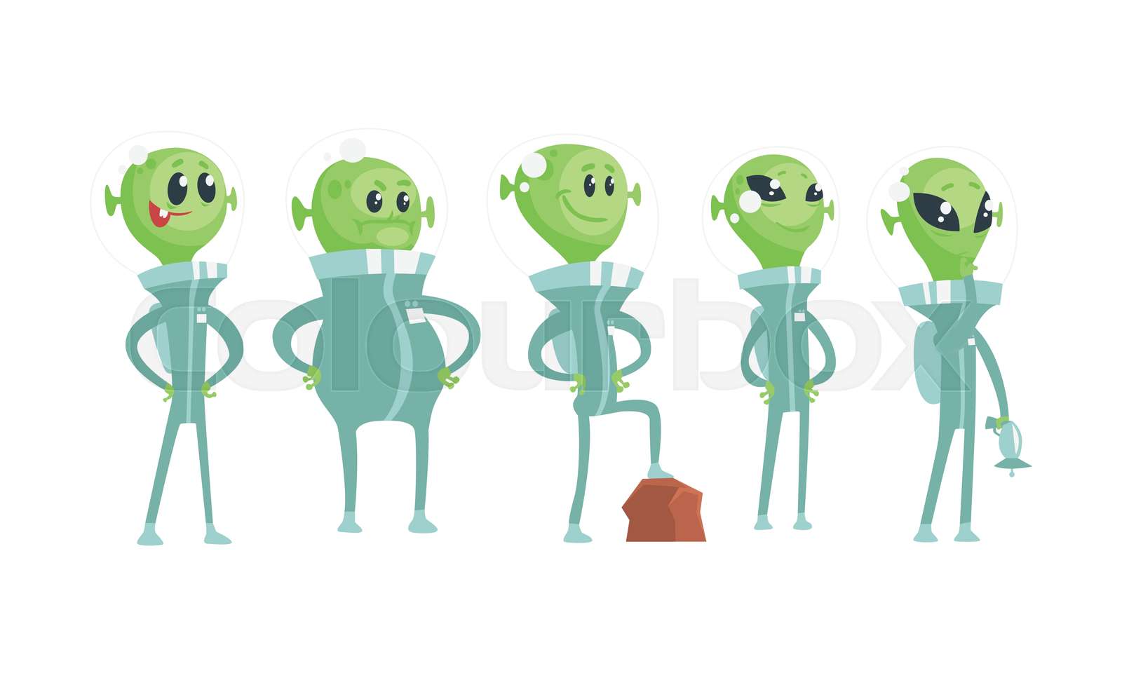 Cartoon Alien Characters Wearing Space Costume Vector Set | Stock ...