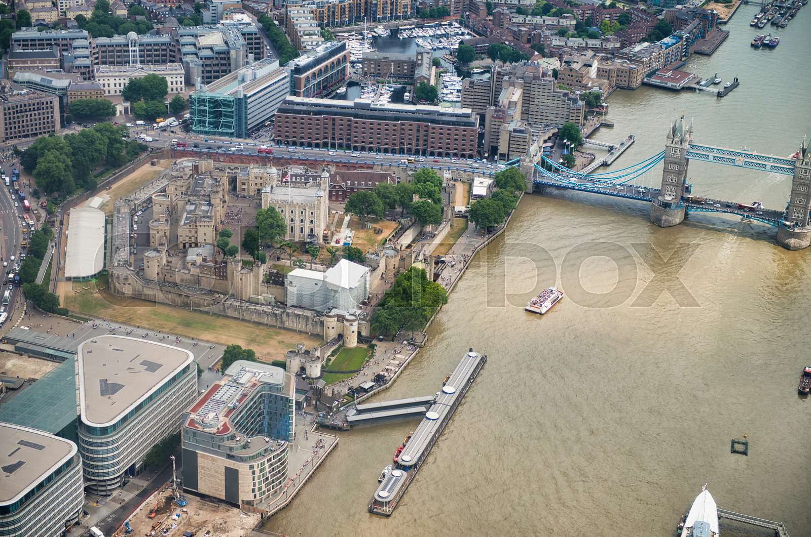 Aerial view of Tower Bridge, River Thames andTower of London from a ...