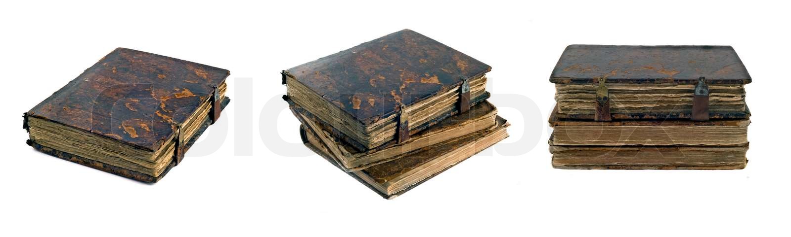 Collage of Stack of old obsolete books views over white | Stock image ...