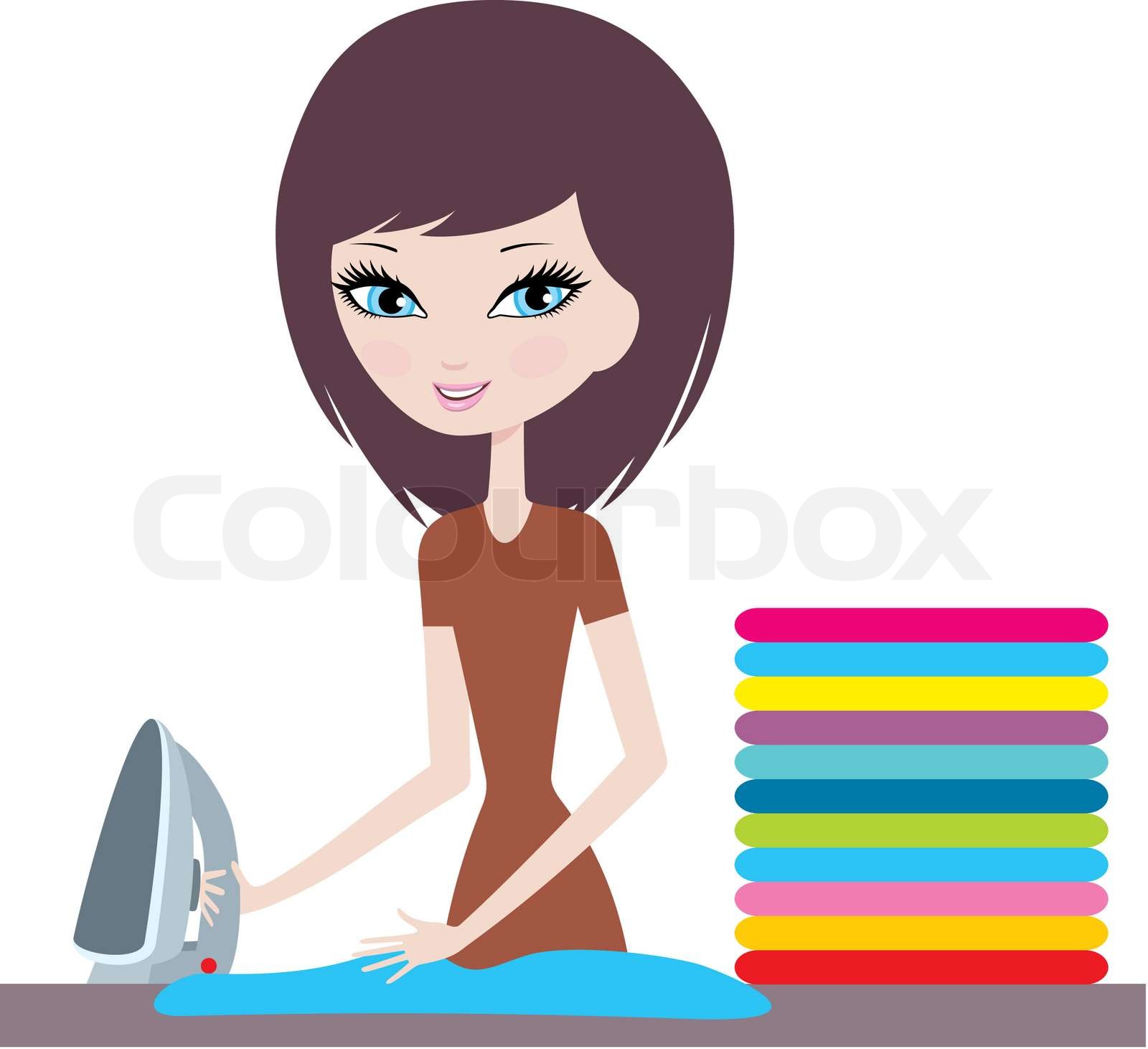 Young cartoon woman irons clothes | Stock image | Colourbox